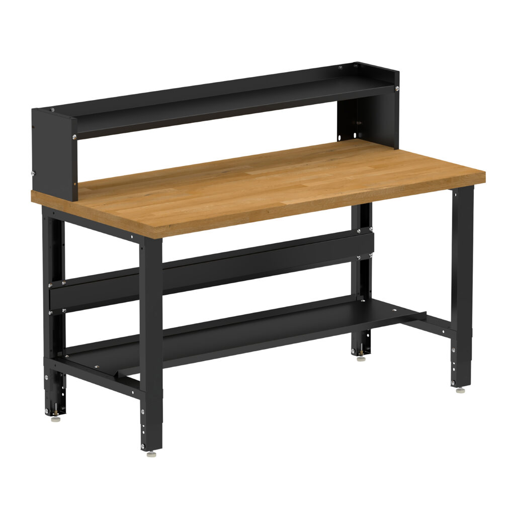 60″ W Adjustable Workbench w/ Wood Top, Bottom & Ledge Shelves | Borroughs