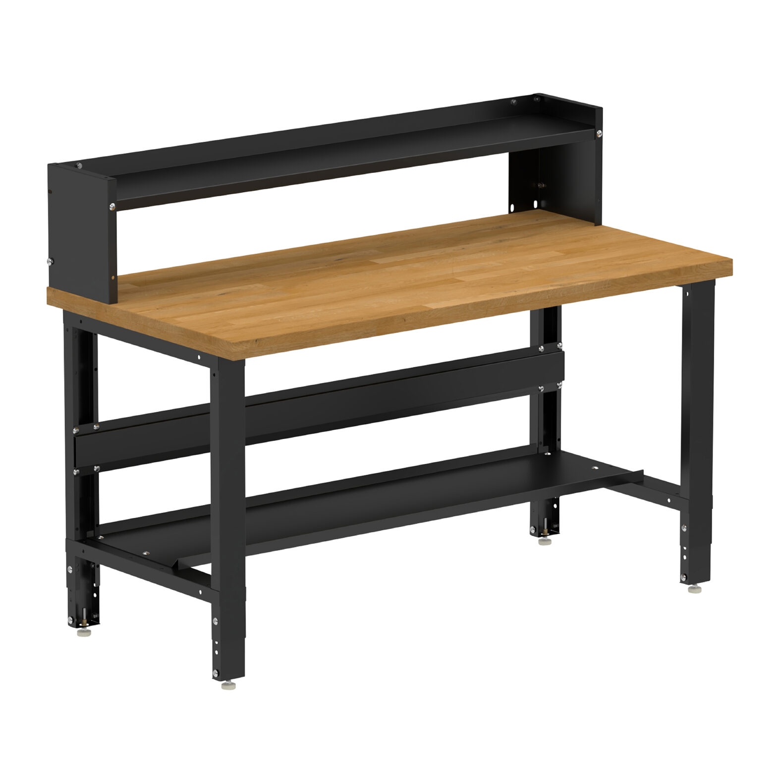60″ W Adjustable Workbench w/ Wood Top, Bottom & Ledge Shelves | Borroughs