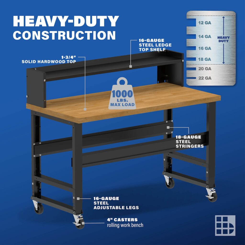 60″ W Mobile Adjustable Workbench w/ Wood Top & Ledge Shelf | Borroughs