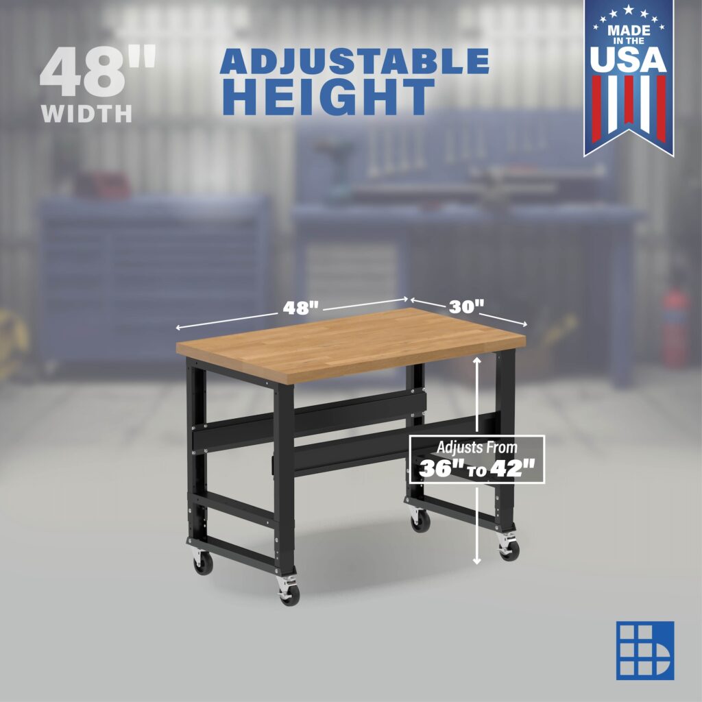 48″ W Mobile Adjustable Height Workbench w/ Wood Top | Borroughs