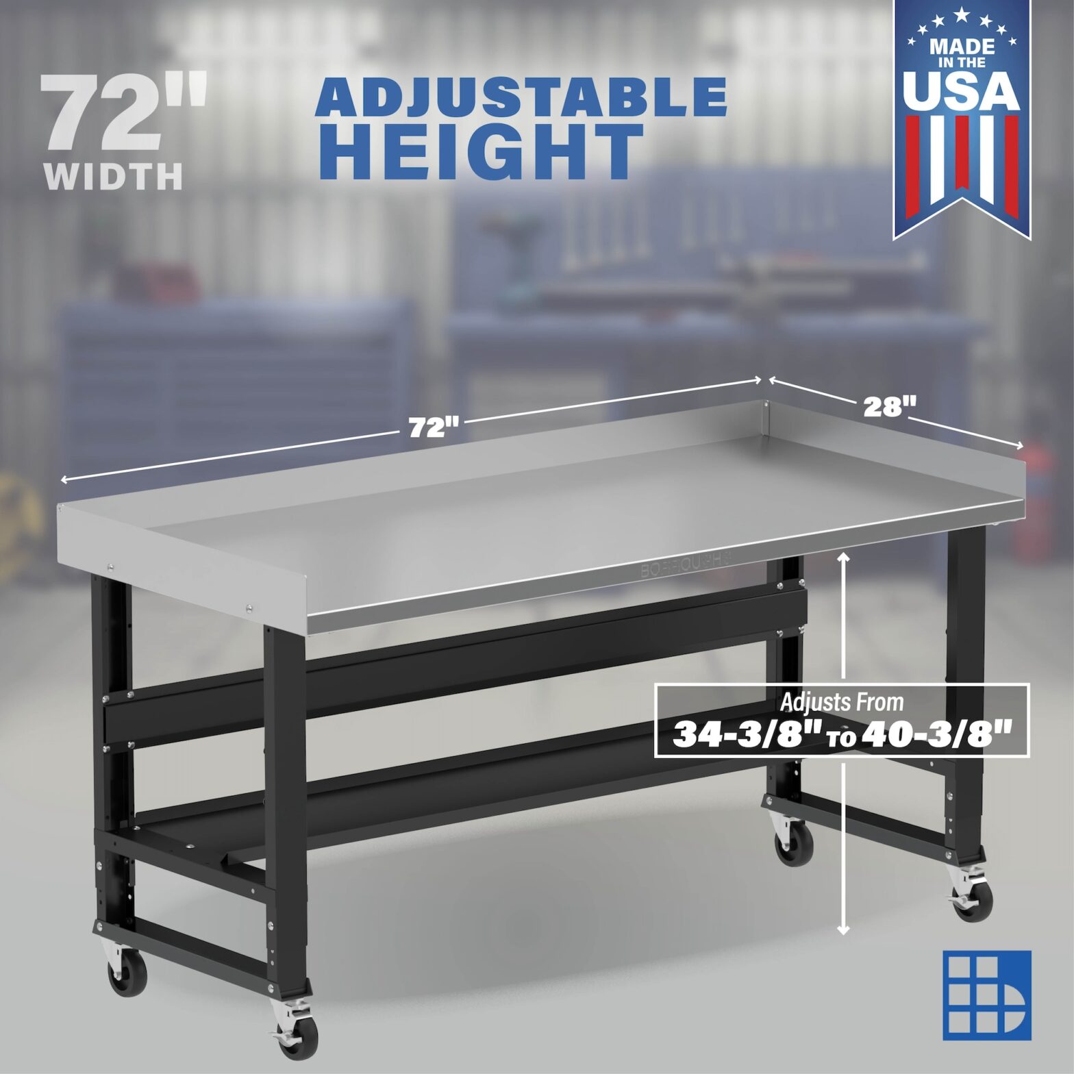 72″ W Mobile Adjustable Workbench w/ Stainless Steel Top, Bottom Shelf ...