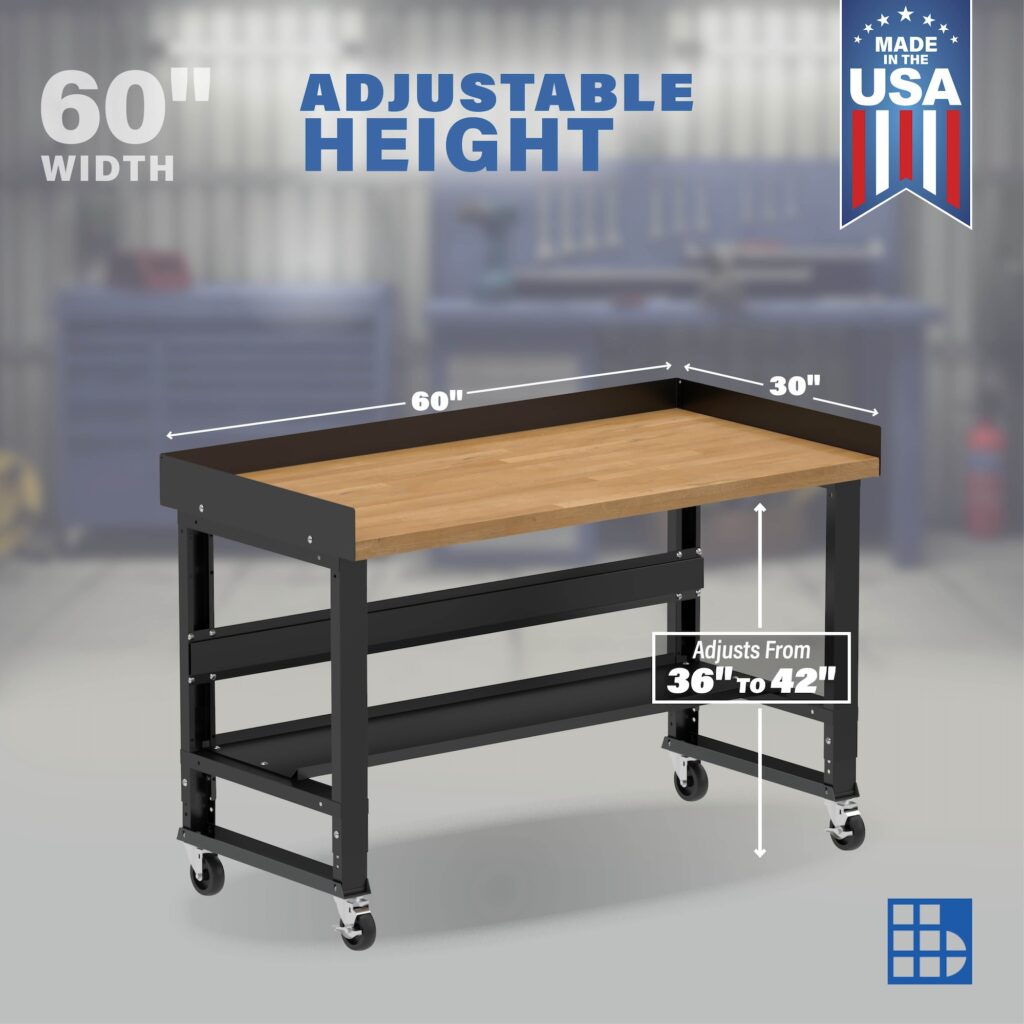 60″ W Mobile Adjustable Workbench w/ Wood Top, Bottom Shelf & Edge ...